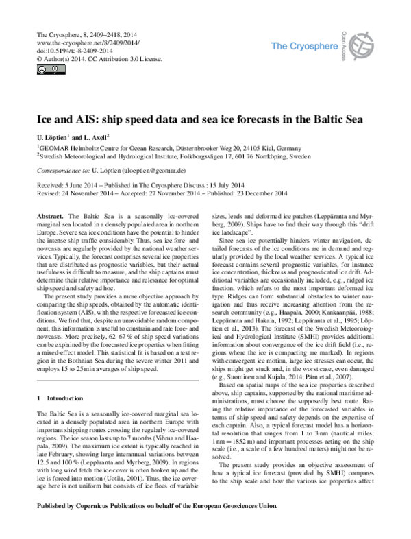 (PDF) Ice and AIS: ship speed data and sea ice forecasts in the Baltic Sea