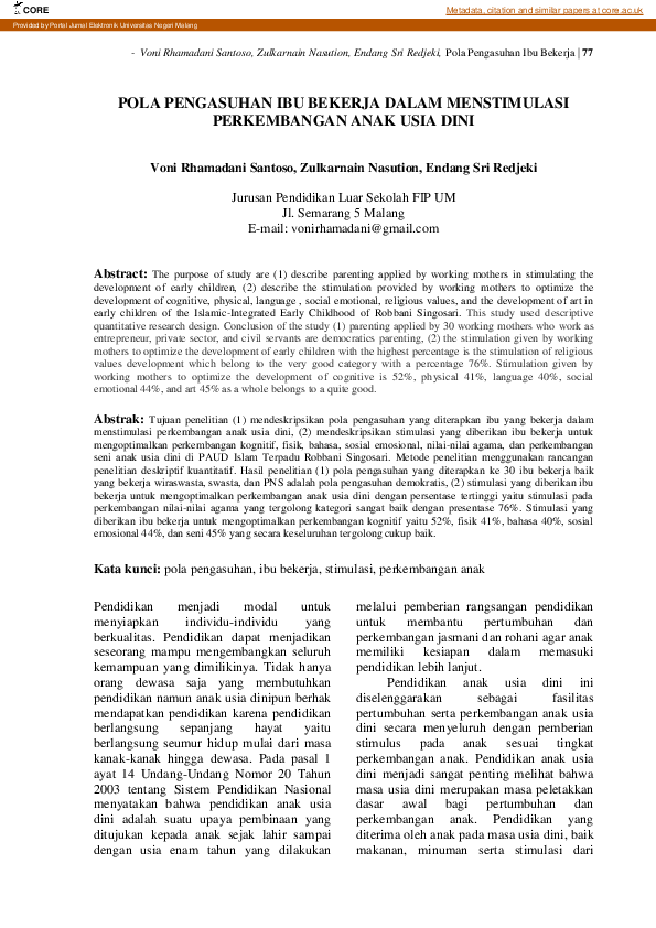 (PDF) Pola Pengasuhan Ibu Bekerja Dalam Menstimulasi Perkembangan Anak ... (PDF) Pola Pengasuhan Ibu Bekerja Dalam Menstimulasi Perkembangan Anak ...