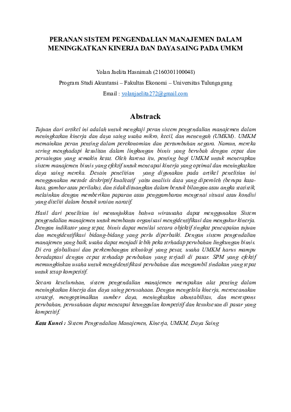 (PDF) PERANAN SISTEM PENGENDALIAN MANAJEMEN DALAM MENINGKATKAN KINERJA DAN DAYA SAING PADA UMKM