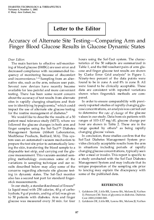 (PDF) Accuracy of Alternate Site Testing—Comparing Arm and Finger Blood ...