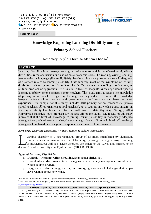 (PDF) Knowledge Regarding Learning Disability among Primary School Teachers