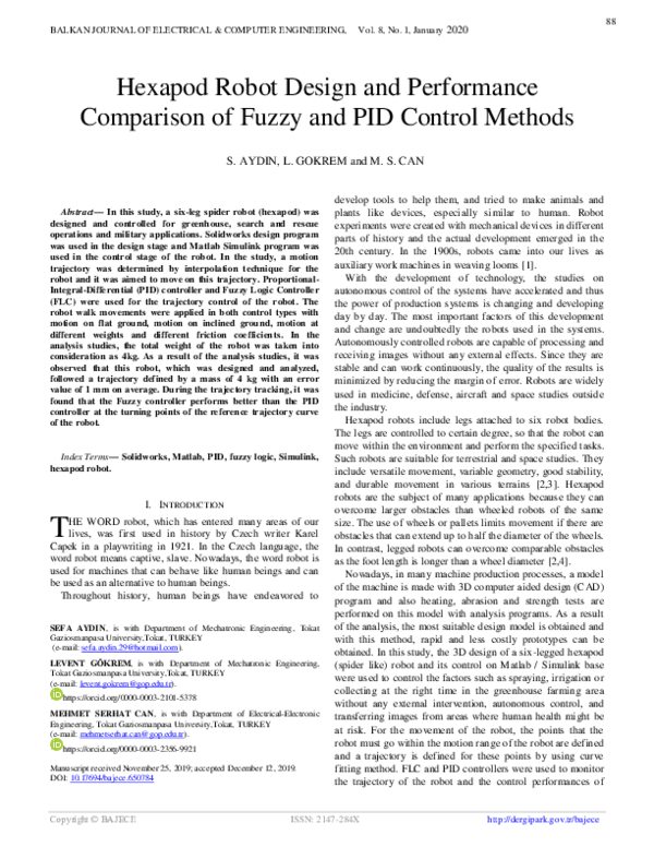(PDF) Hexapod Robot Design and Performance Comparison of Fuzzy and PID Control Methods | sefa ...