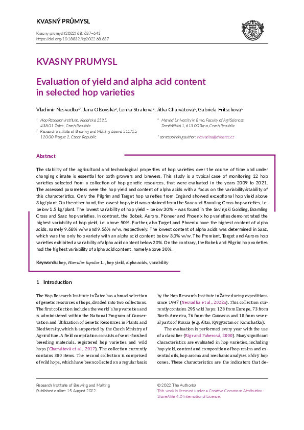 (PDF) Evaluation of yield and alpha acid content in selected hop varieties