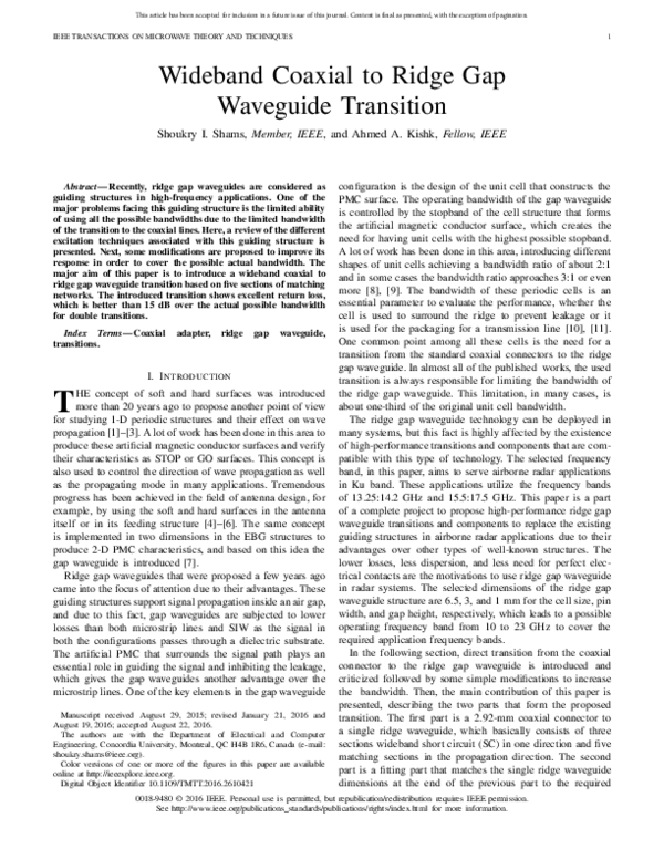 (PDF) Wideband Coaxial to Ridge Gap Waveguide Transition