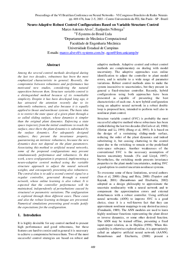 (PDF) Neuro-Adaptive Robust Control Configurations Based on Variable Structure Control