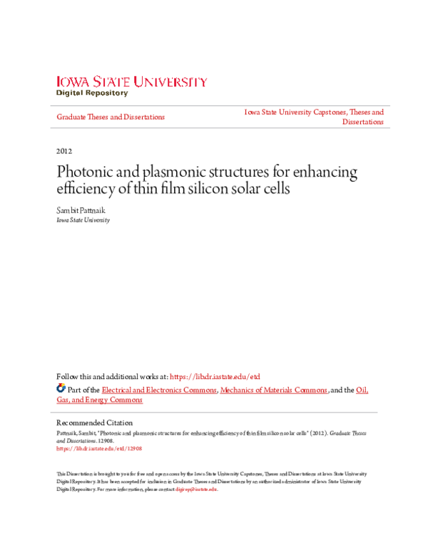 (PDF) Photonic and plasmonic structures for enhancing efficiency of thin film silicon solar cells