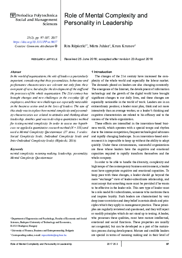 (PDF) Role of Mental Complexity and Personality in Leadership