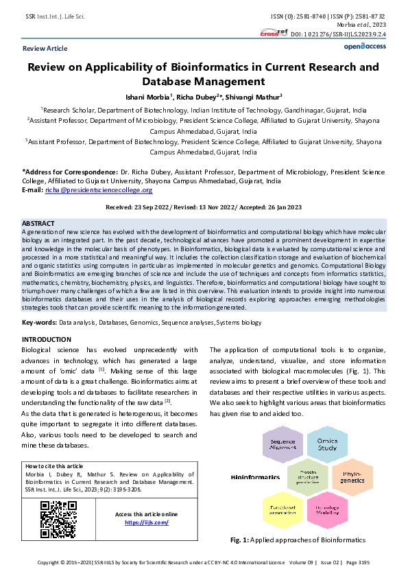 (PDF) Review on Applicability of Bioinformatics in Current Research and Database Management
