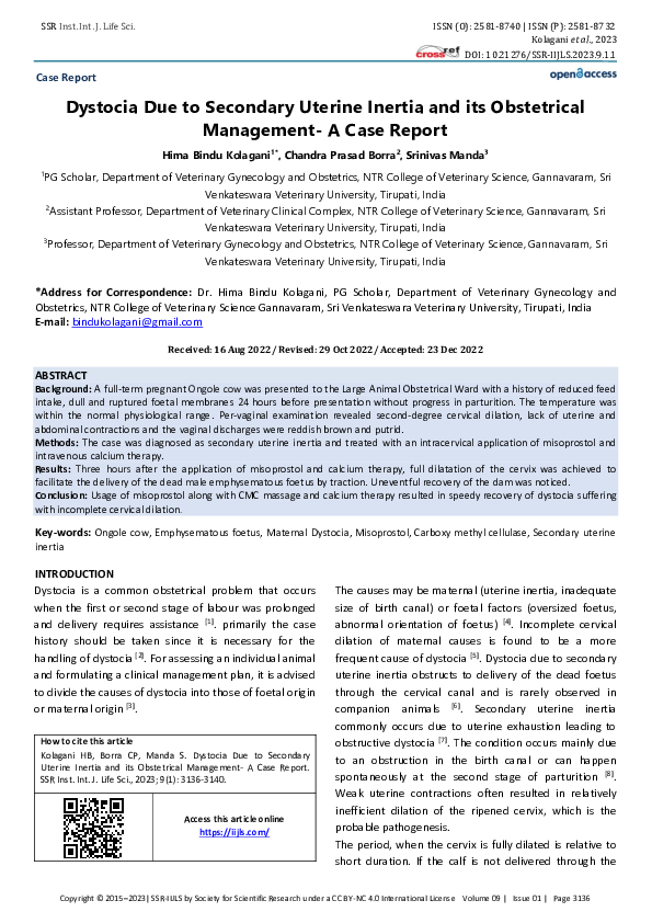 (PDF) Dystocia Due to Secondary Uterine Inertia and its Obstetrical ...