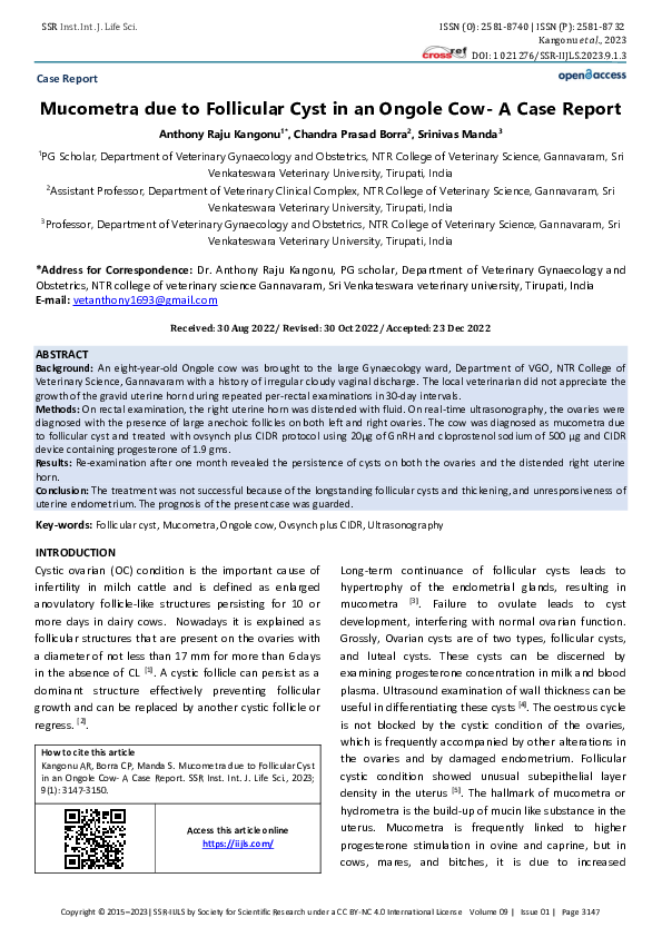 (PDF) Mucometra due to Follicular Cyst in an Ongole Cow-A Case Report