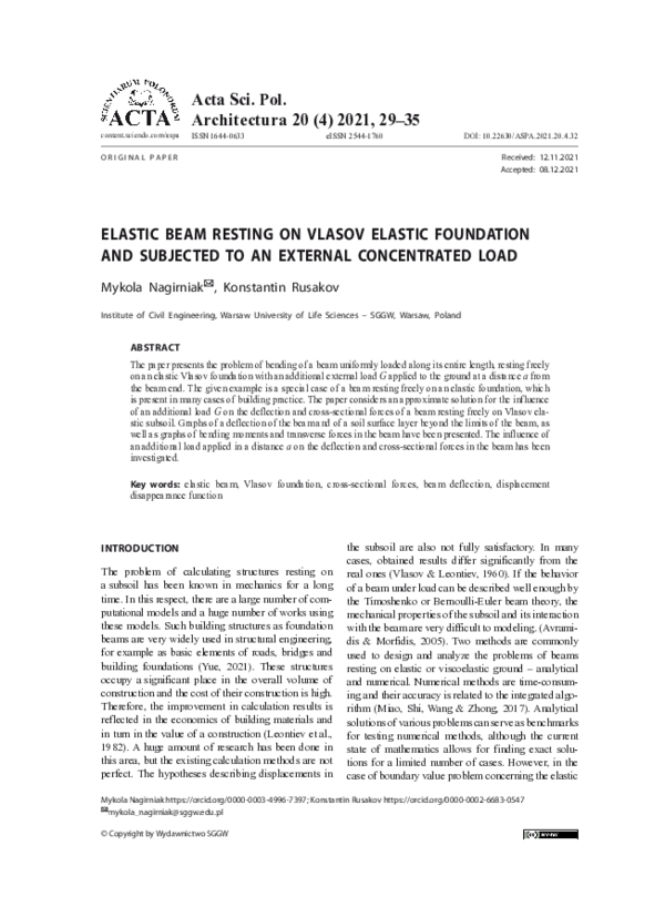 (PDF) Elastic beam resting on Vlasov elastic foundation and subjected ...