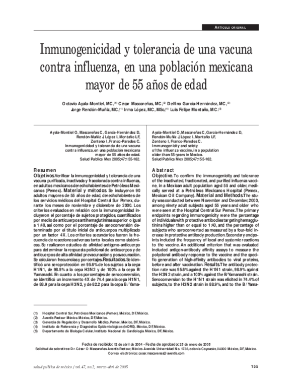 (PDF) Inmunogenicidad y tolerancia de una vacuna contra influenza, en ...