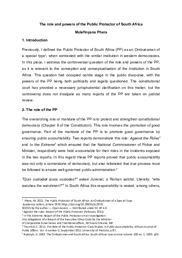 (DOC) The role and powers of the Public Protector of South Africa