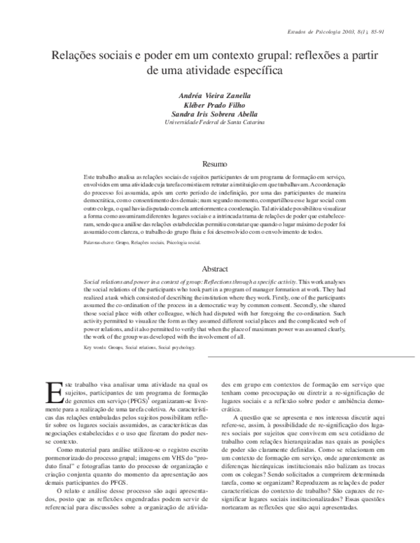 (PDF) Relações sociais e poder em um contexto grupal: reflexões a ...