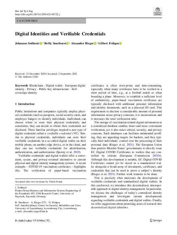(PDF) Digital Identities and Verifiable Credentials