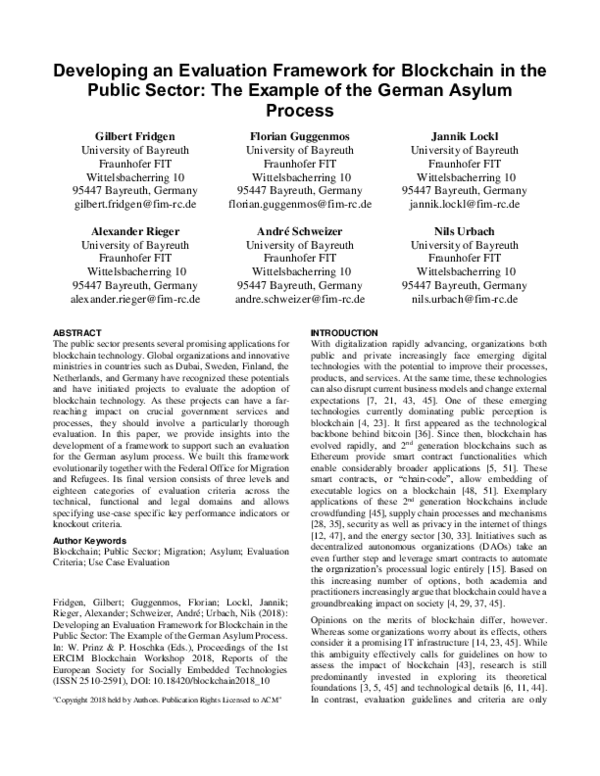 (PDF) Developing an Evaluation Framework for Blockchain in the Public Sector : The Example of ...