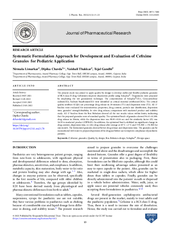 Pdf Systematic Formulation Approach For Development And Evaluation Of Cefixime G Ranules For