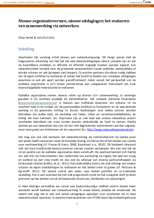 (PDF) Nieuwe organisatievormen, nieuwe uitdagingen : het evalueren van ...