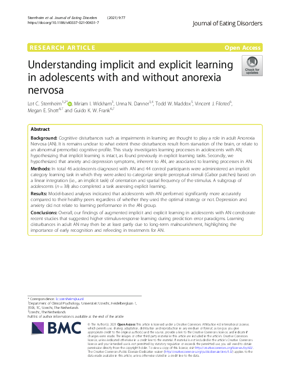 (PDF) Understanding implicit and explicit learning in adolescents with and without anorexia nervosa