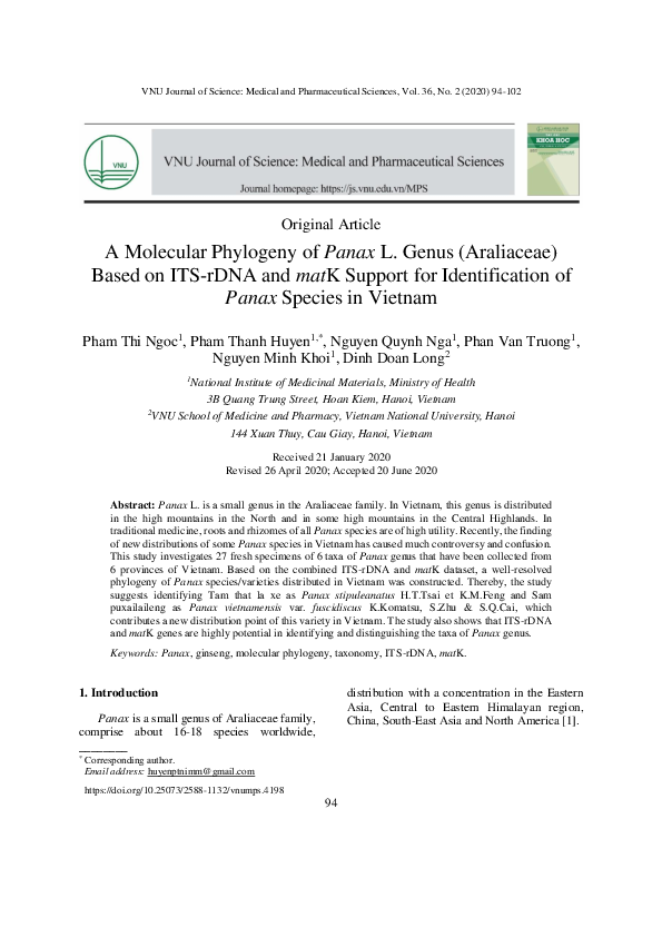 (PDF) A Molecular Phylogeny of Panax L. Genus (Araliaceae) Based on ITS ...