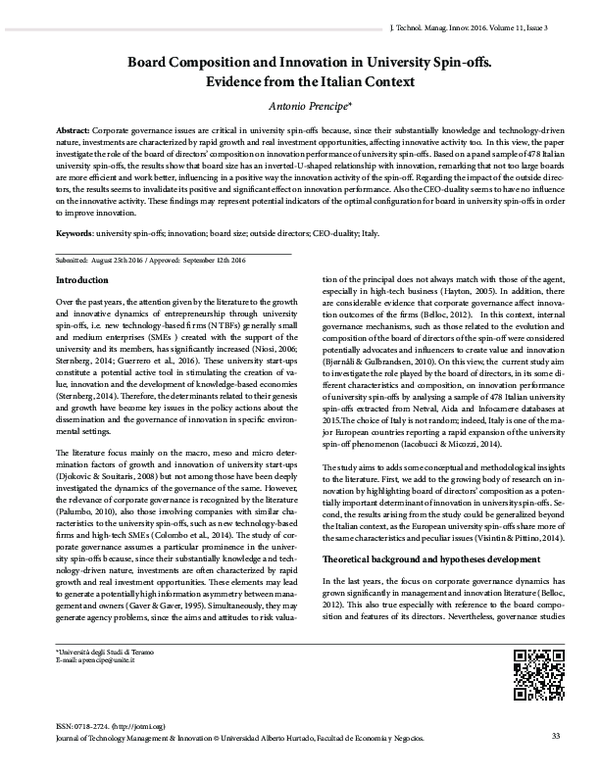 (PDF) Board Composition and Innovation in University Spin-offs: Evidence from the Italian Context