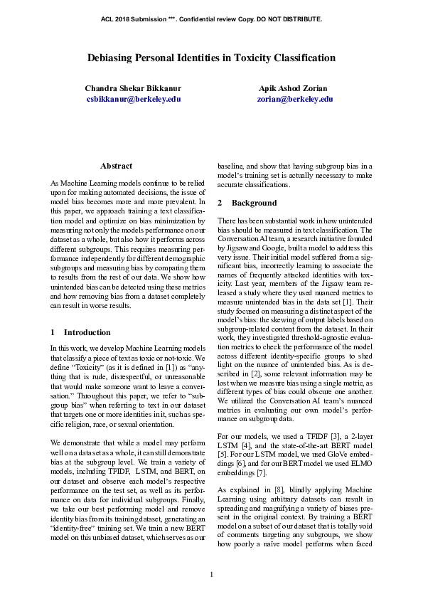 (PDF) Debiasing Personal Identities in Toxicity Classification