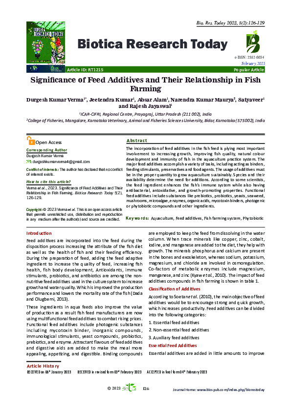 (PDF) Significance of Feed Additives and Their Relationship in Fish Farming