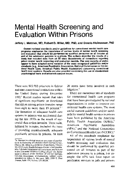 (PDF) Mental health screening and evaluation within prisons
