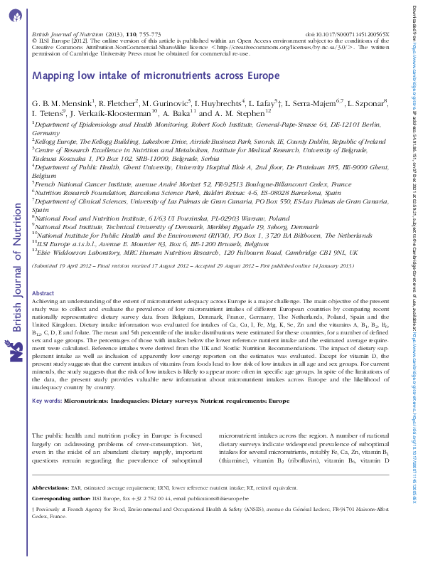 (PDF) Mapping low intake of micronutrients across Europe