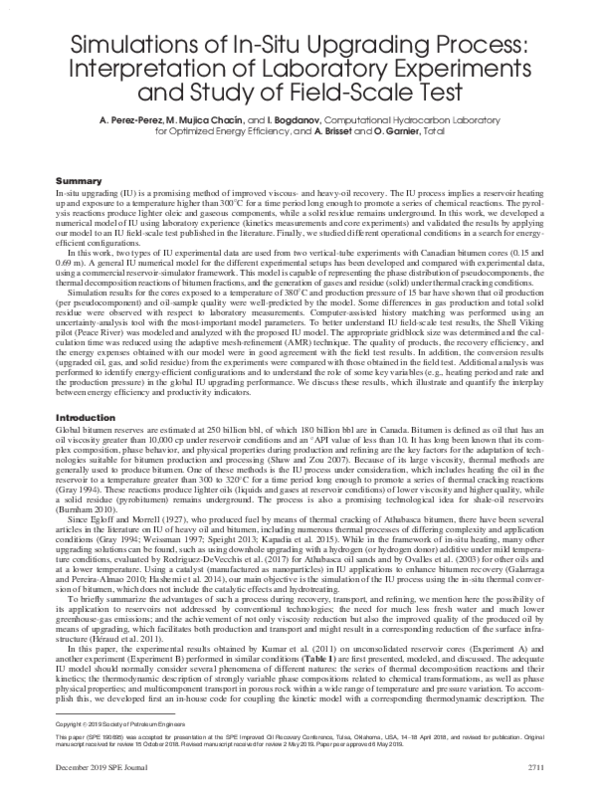 (PDF) Simulations of In-Situ Upgrading Process: Interpretation of Laboratory Experiments and ...