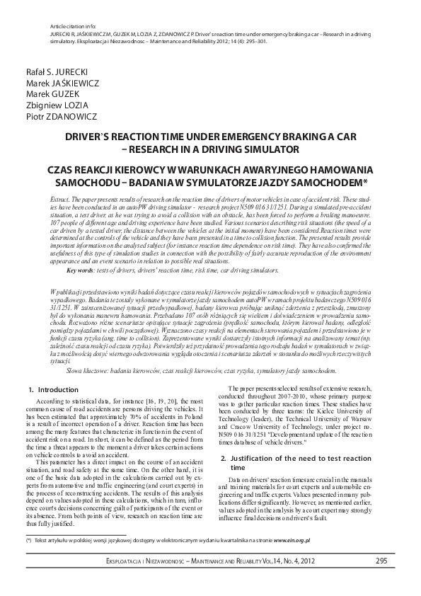(PDF) Driver's reaction time under emergency braking a car-research in ...