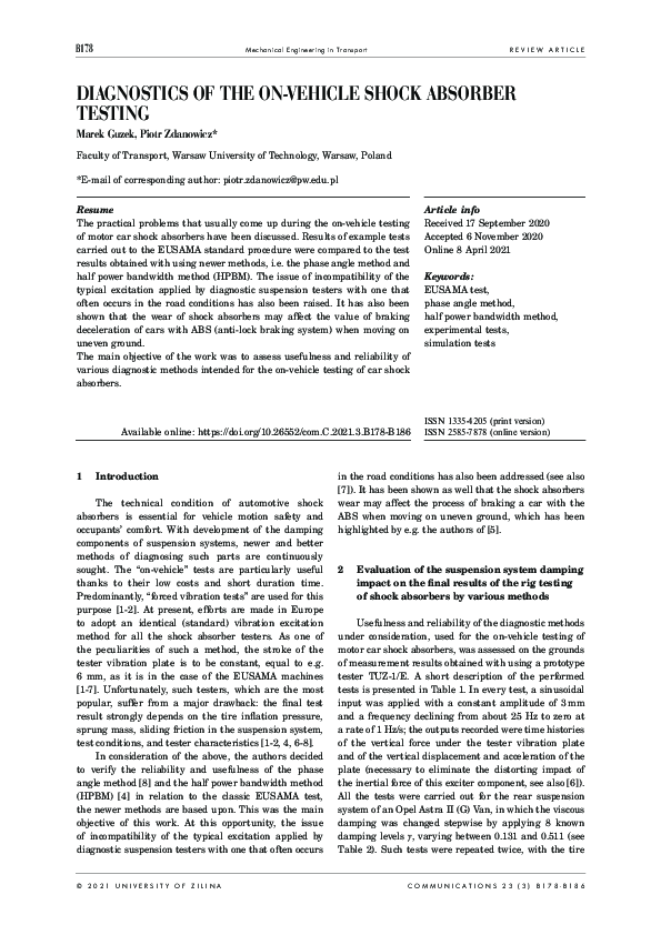 (PDF) Diagnostics of the On-Vehicle Shock Absorber Testing