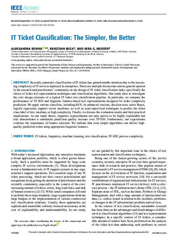 (PDF) IT Ticket Classification: The Simpler, the Better | Vera Meister ...