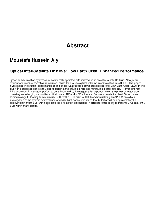 (PDF) Optical Inter-Satellite Link over Low Earth Orbit: Enhanced Performance | Moustafa Hussein ...