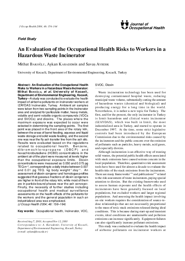 (PDF) An Evaluation of the Occupational Health Risks to Workers in a Hazardous Waste Incinerator