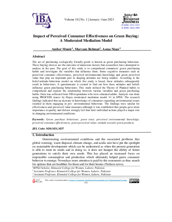 (PDF) Impact of Perceived Consumer Effectiveness on Green Buying: A Moderated Mediation Model