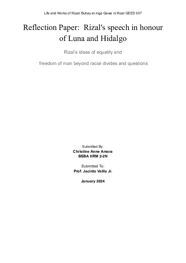 (PDF) REFLECTION PAPER RIZAL S SPEECH IN HONOR OF LUNA AND HIDALGO