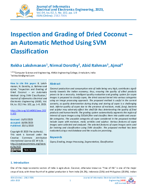 (PDF) Inspection and Grading of Dried Coconutan Automatic Method Using SVM Classification