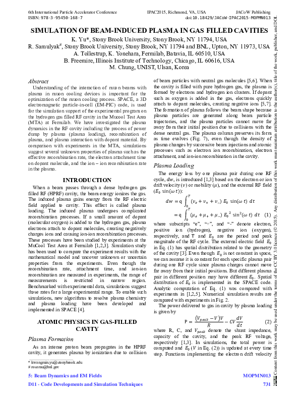 (PDF) Simulation of Beam-Induced Plasma in Gas Filled Cavities