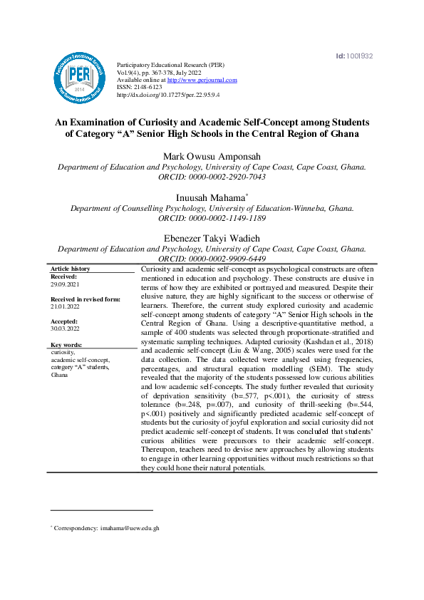 (PDF) An Examination of Curiosity and Academic Self-Concept among Students of Category “A ...