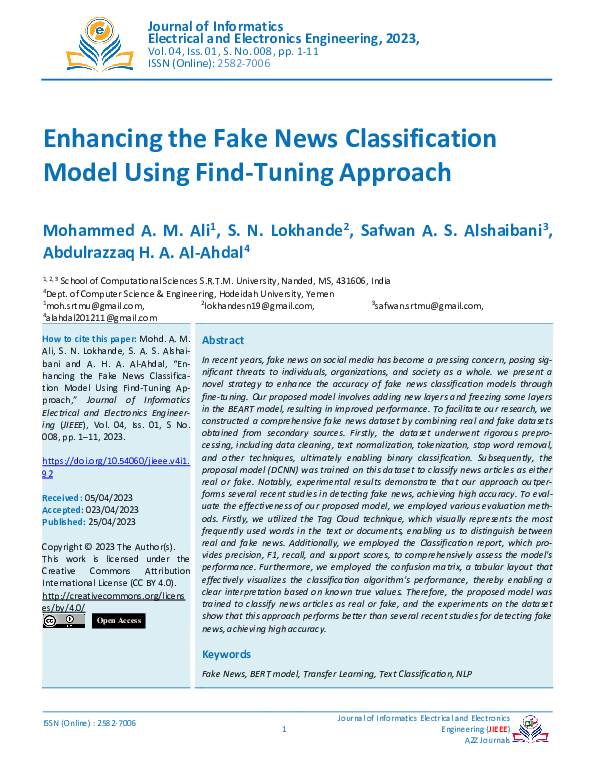 (PDF) Enhancing the Fake News Classification Model Using Find-Tuning Approach