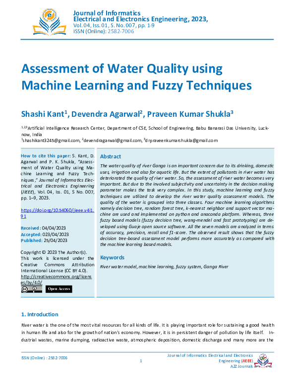 (PDF) Assessment of Water Quality using Machine Learning and Fuzzy Techniques