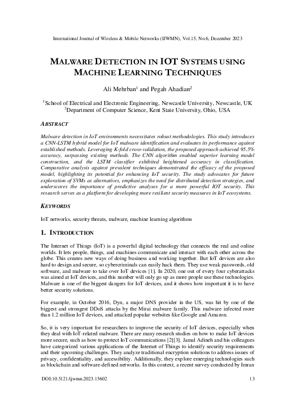 Pdf Malware Detection In Iot Systems Using Machine Learning Techniques