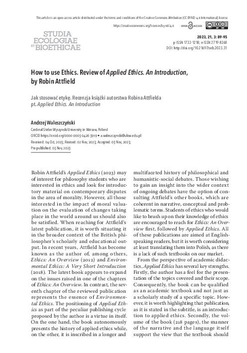 (PDF) How to use Ethics. Review of Applied Ethics. An Introduction, by ...