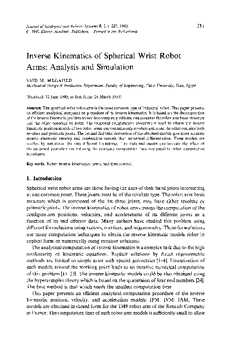 (PDF) Inverse kinematics of spherical wrist robot arms: Analysis and simulation