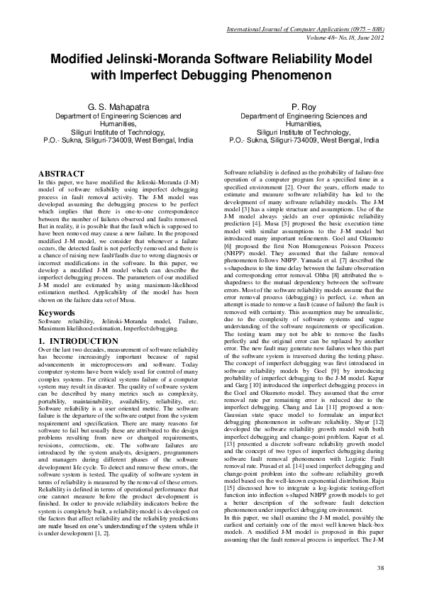 (PDF) Modified Jelinski-Moranda Software Reliability Model with Imperfect Debugging Phenomenon