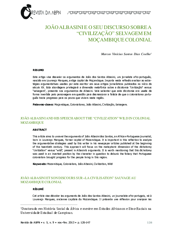(PDF) João Albasini e o seu discurso sobre a “civilização” selvagem em ...