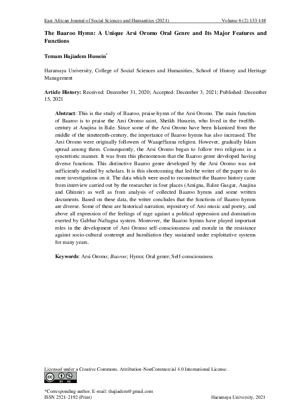 (PDF) The Baaroo Hymn: A Unique Arsi Oromo Oral Genre and Its Major ...
