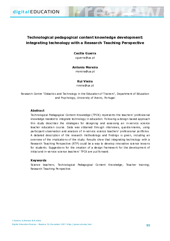 (PDF) Technological pedagogical content knowledge development: integrating technology with a ...