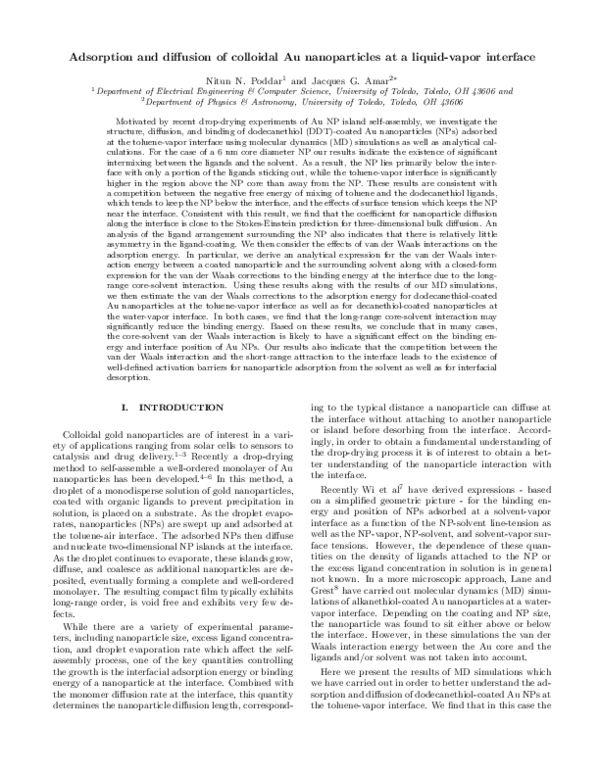 (PDF) Adsorption and diffusion of colloidal Au nanoparticles at a liquid-vapor interface ...